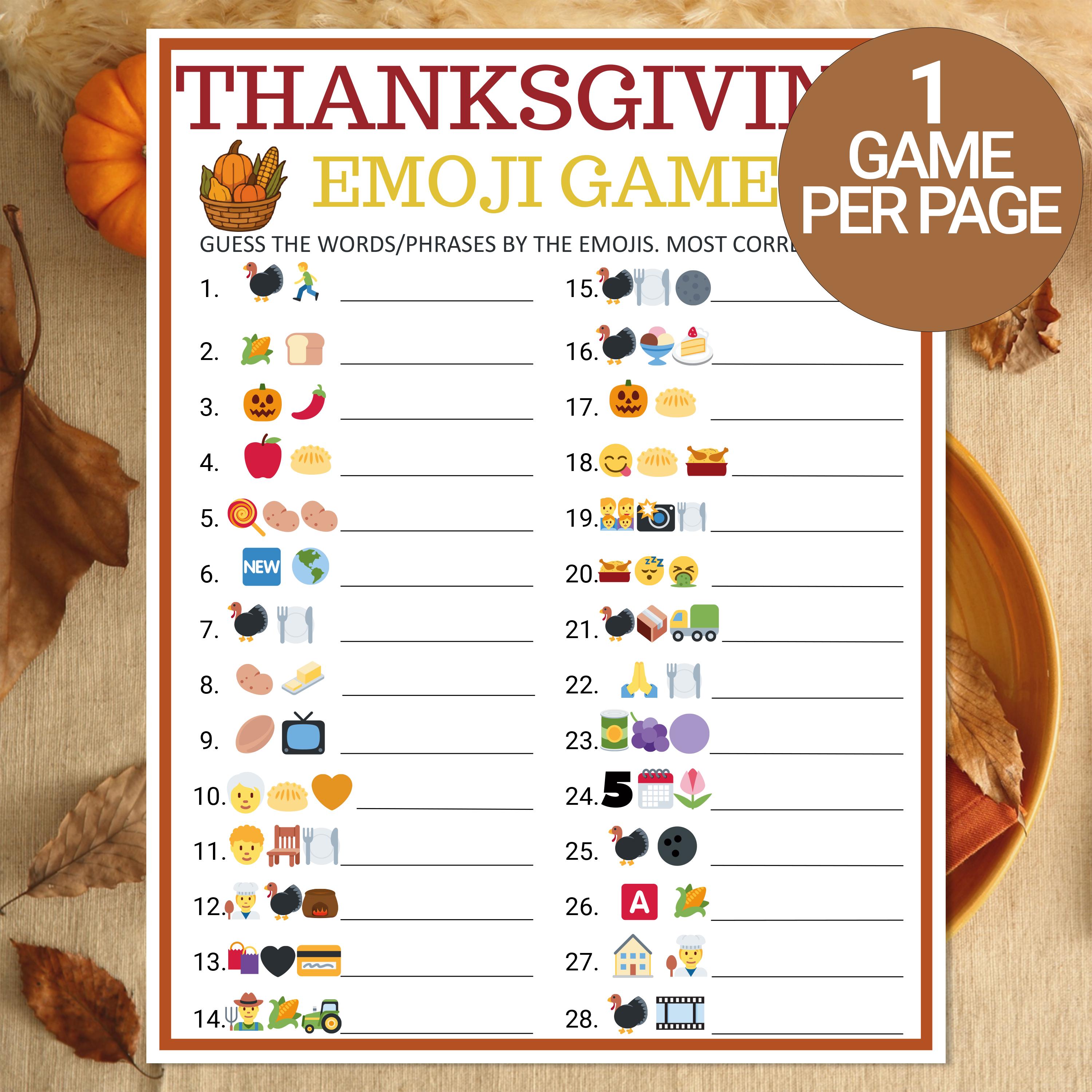 Thanksgiving Emoji Pictionary Game | Printable Thanksgiving Game ...