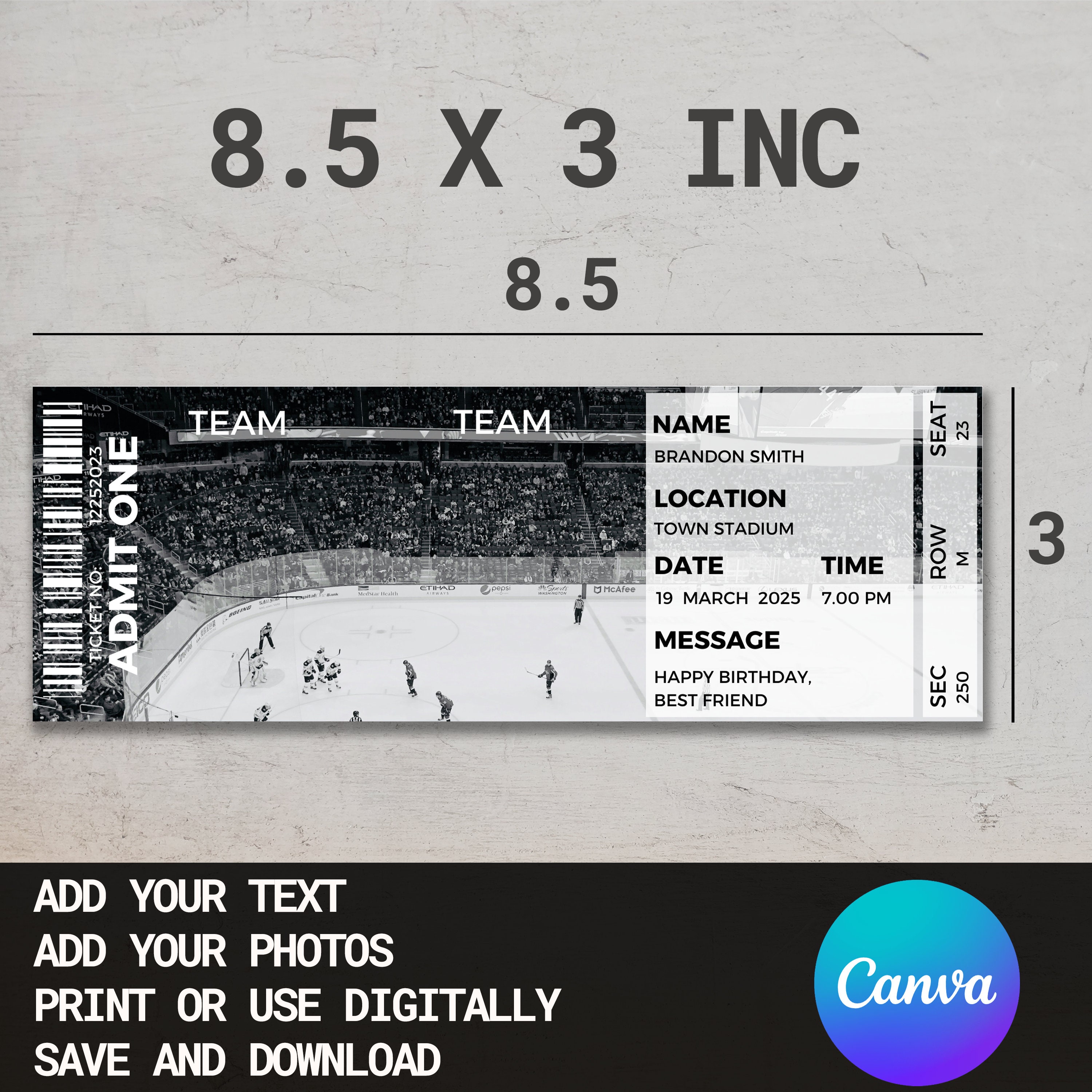 Custom Hockey Ticket | Hockey Ticket Template Printable | Editable ...