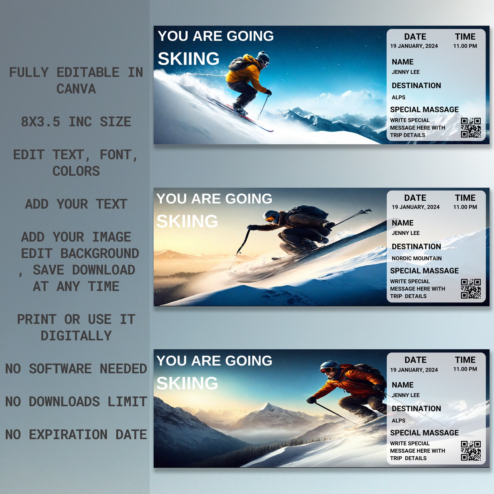 Editable Skiing Pass Ticket Template | Skiing Pass Ticket | Printable ...