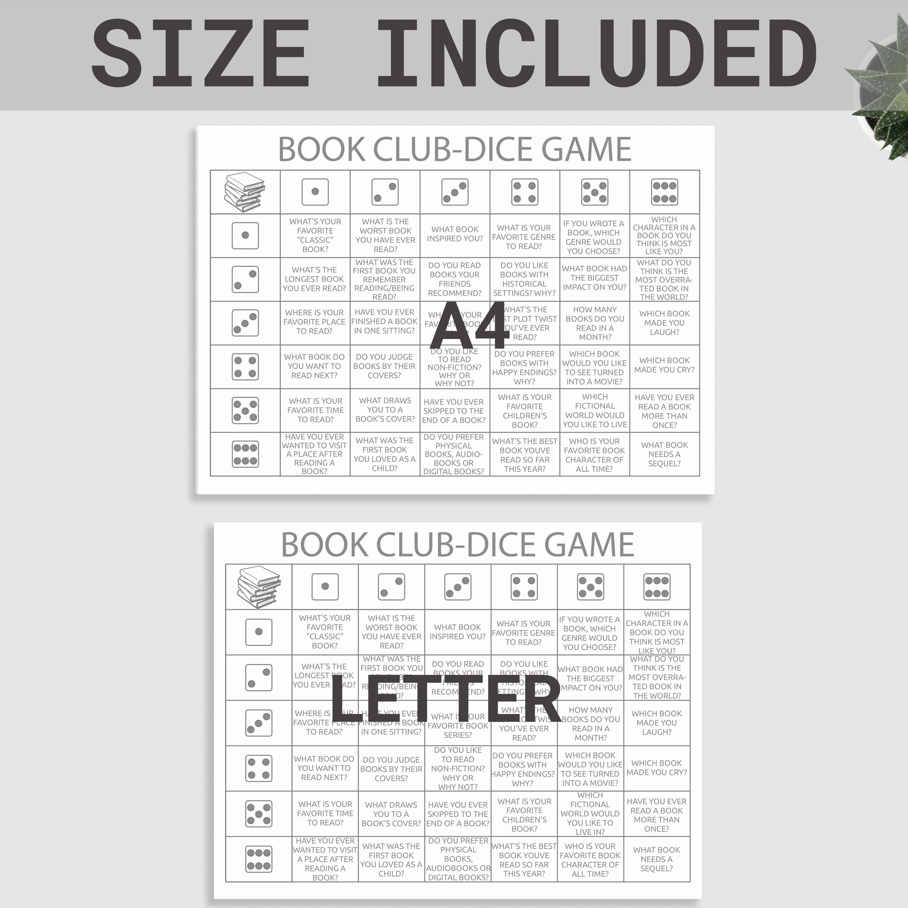 Book Club Dice Game | Printable Book Lover Game | Editable Book Club ...