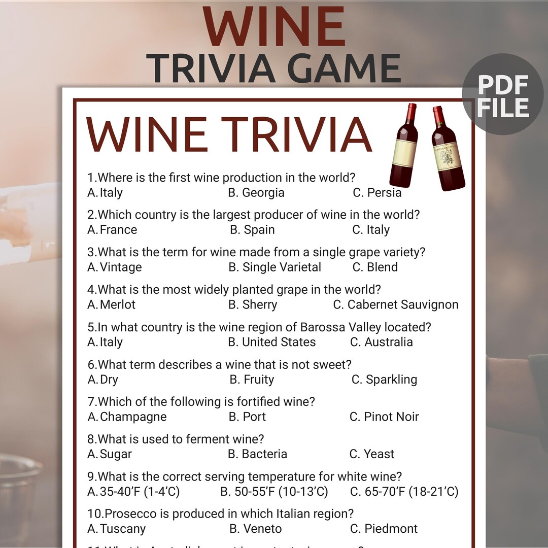 Wine Trivia Game | Printable Wine Trivia Quiz | Wine Party Trivia Game ...