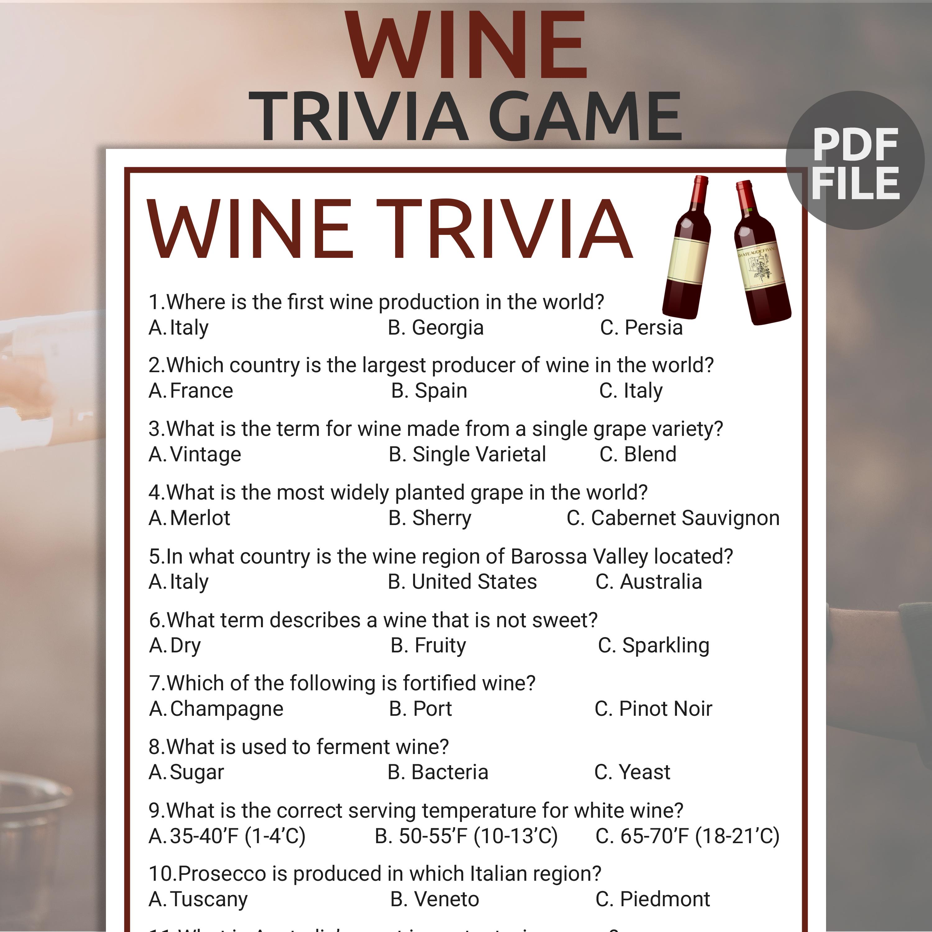 Wine Trivia Game | Printable Wine Trivia Quiz | Wine Party Trivia Game ...
