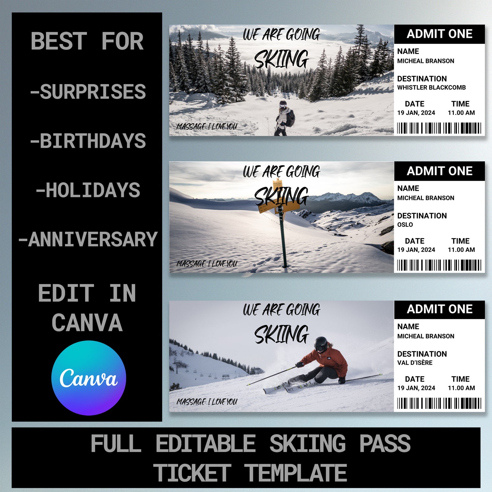 Editable Skiing Pass Ticket Template | Skiing Pass Ticket | Printable ...
