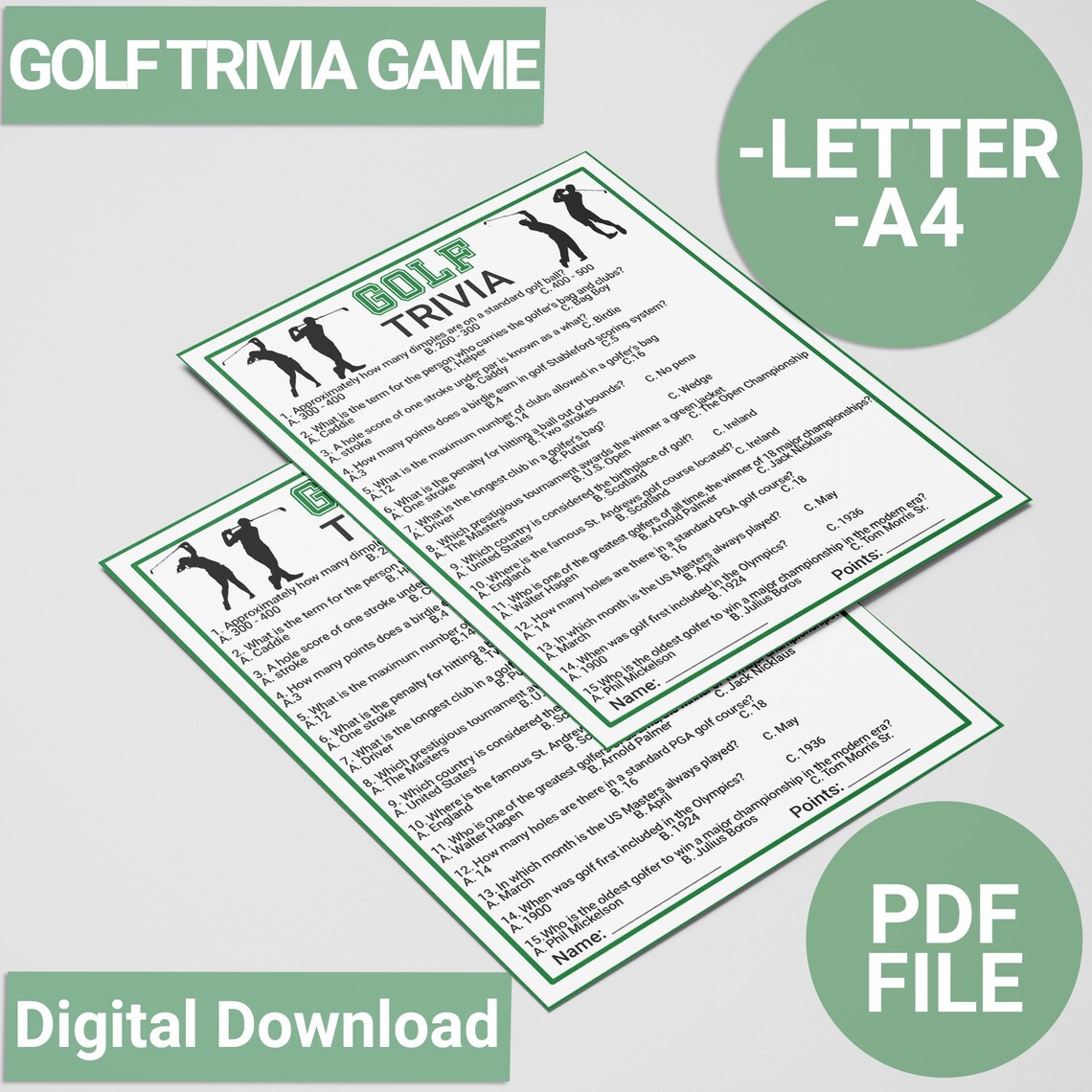 Golf Trivia Game | Golf Team Party Game | Printable Golf Party Game ...