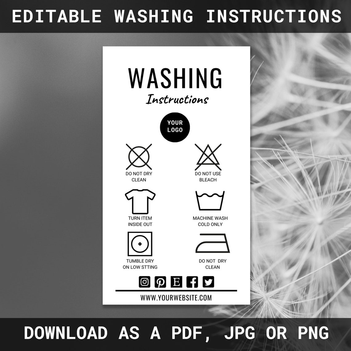 Editable Washing Instructions Card Template Printable Clothing Care ...
