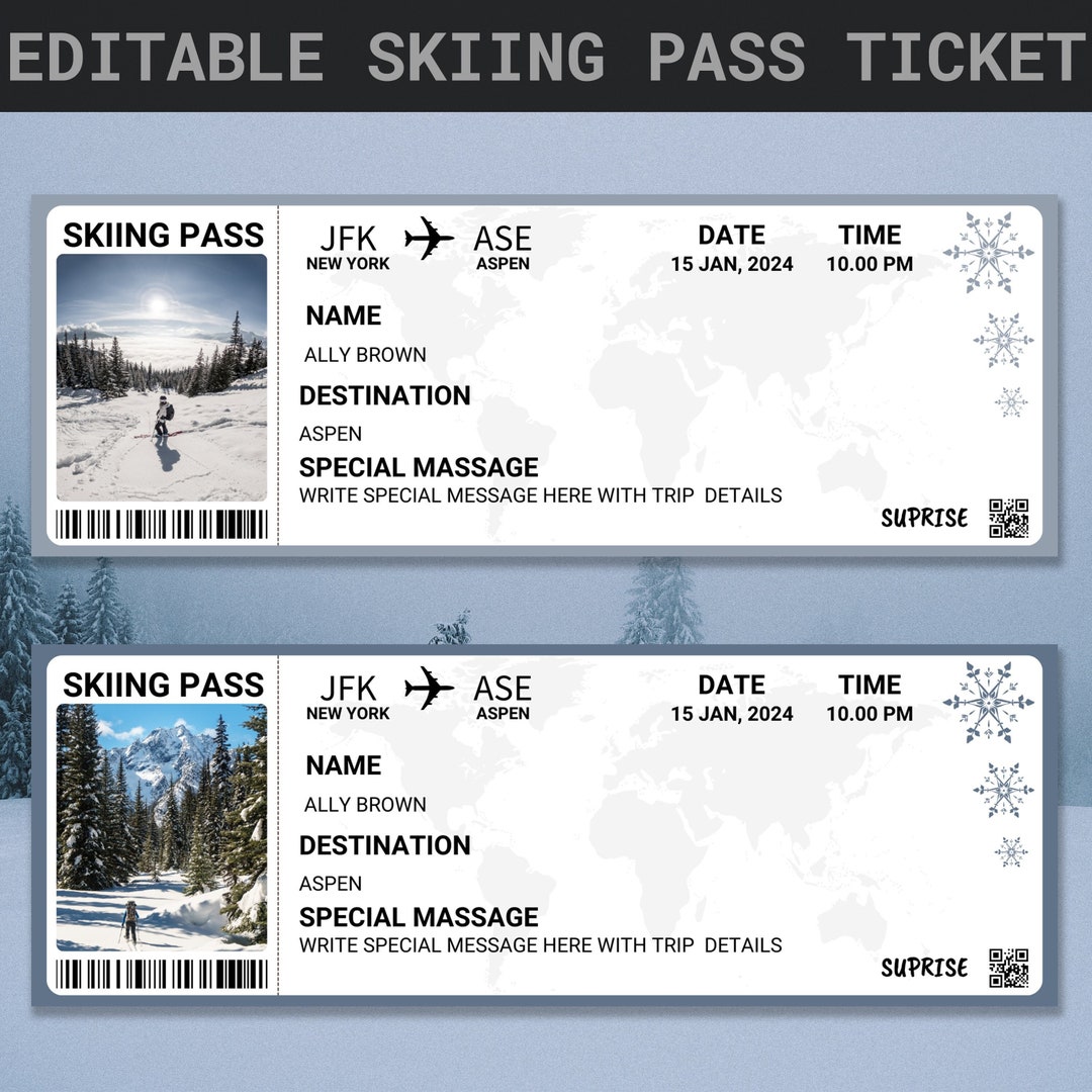 Editable Skiing Pass Ticket Template | Skiing Pass Ticket | Printable ...