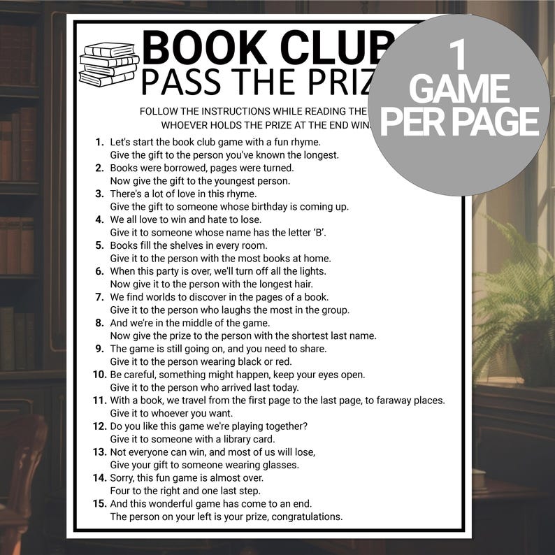 Book Club Pass the Prize Game | Book Club Pass the Gift Game ...