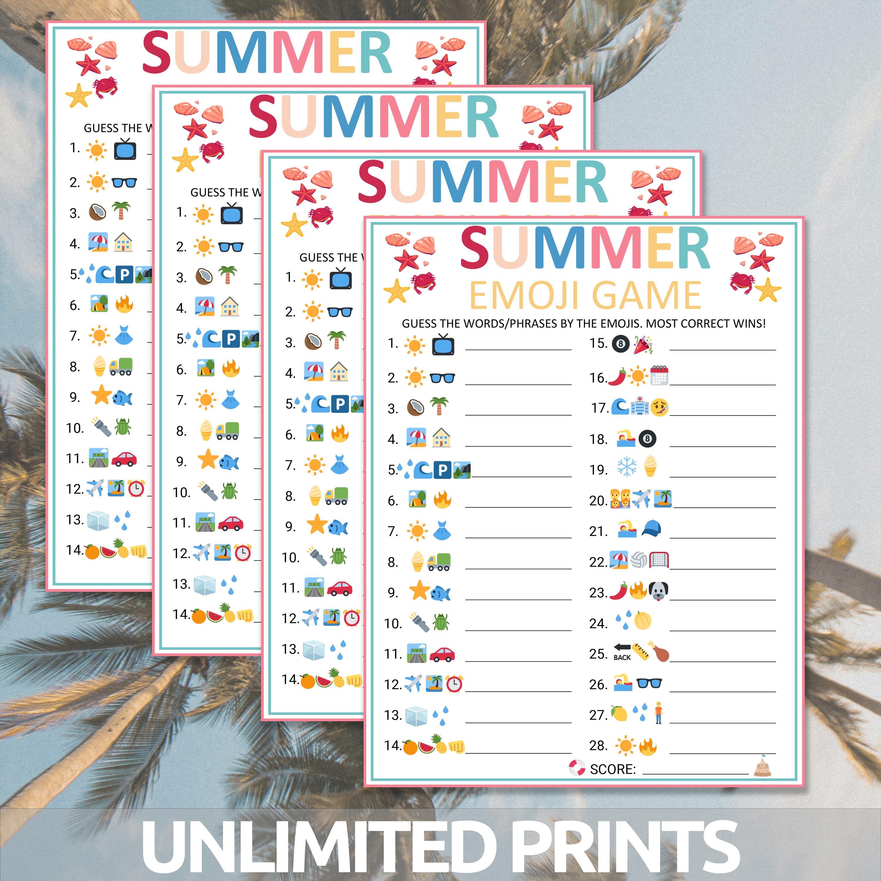 Summer Emoji Game | Summer Emoji Pictionary Game | Printable Summer ...