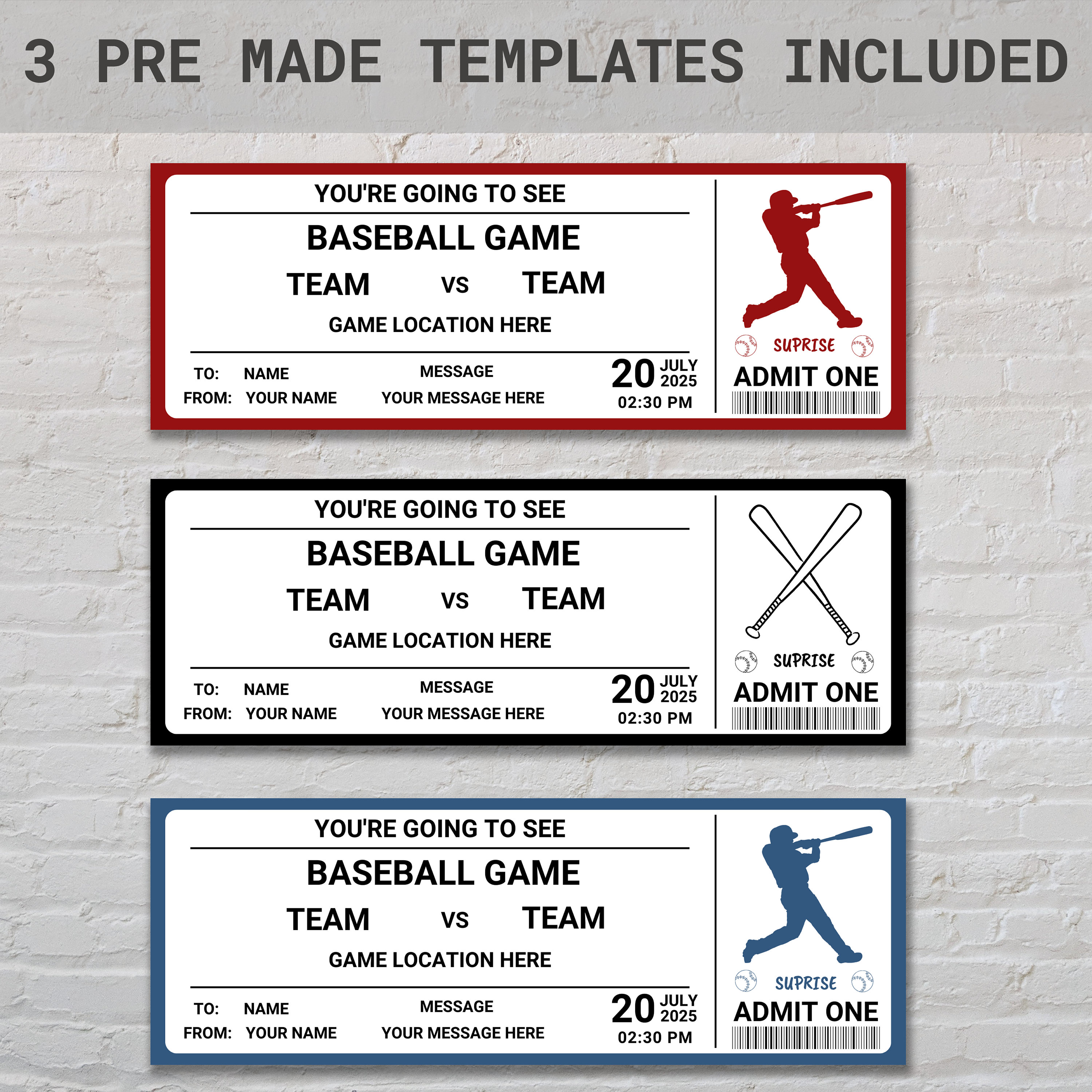 Baseball Game Ticket | Editable Baseball Ticket Gift | Birthday ...