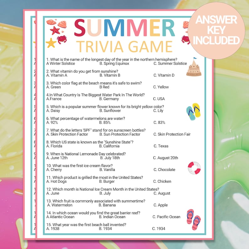 Summer Trivia Game | Summer Party Game | Printable Summer Game | Summer ...