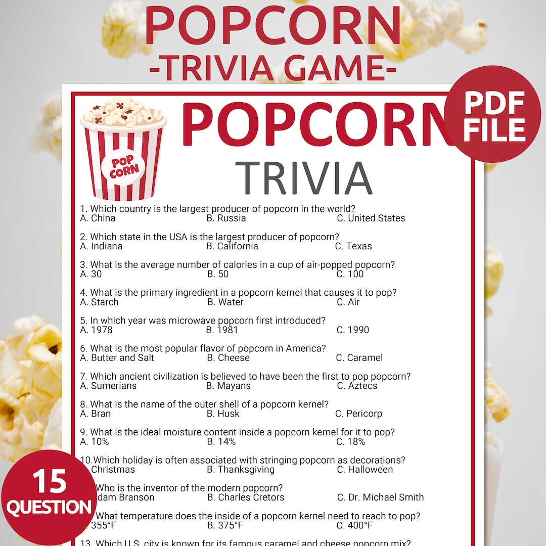 Popcorn Trivia Game | Printable Popcorn Trivia | Popcorn Quiz Game ...