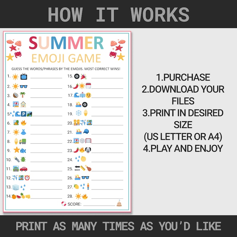 Summer Emoji Game | Summer Emoji Pictionary Game | Printable Summer ...