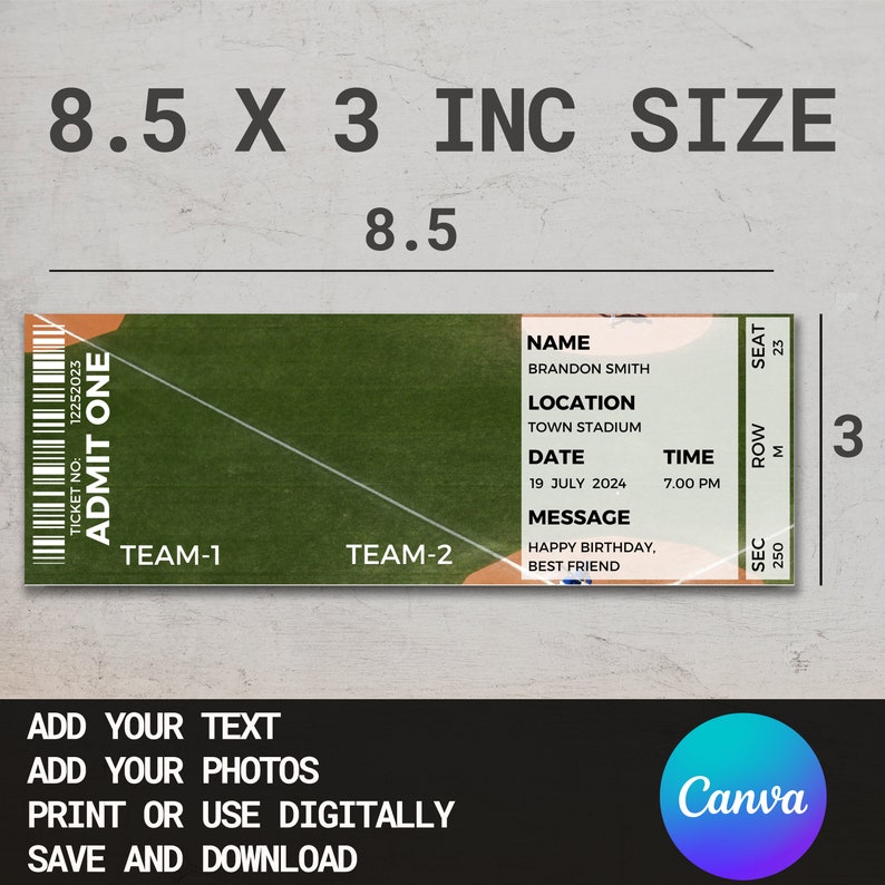 Baseball Game Ticket | Editable Baseball Ticket Gift | Birthday ...