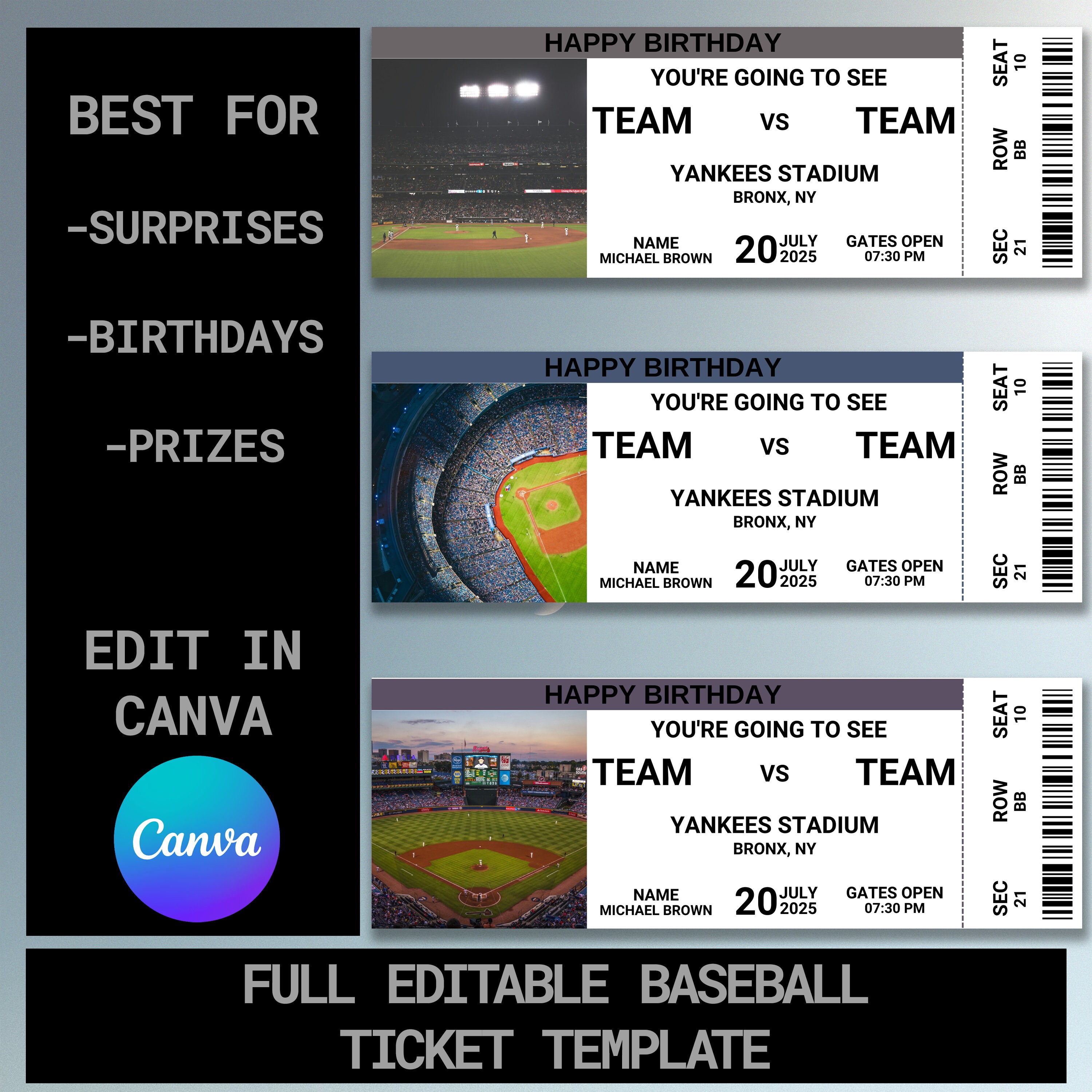 Baseball Game Ticket | Editable Baseball Ticket Gift | Birthday ...