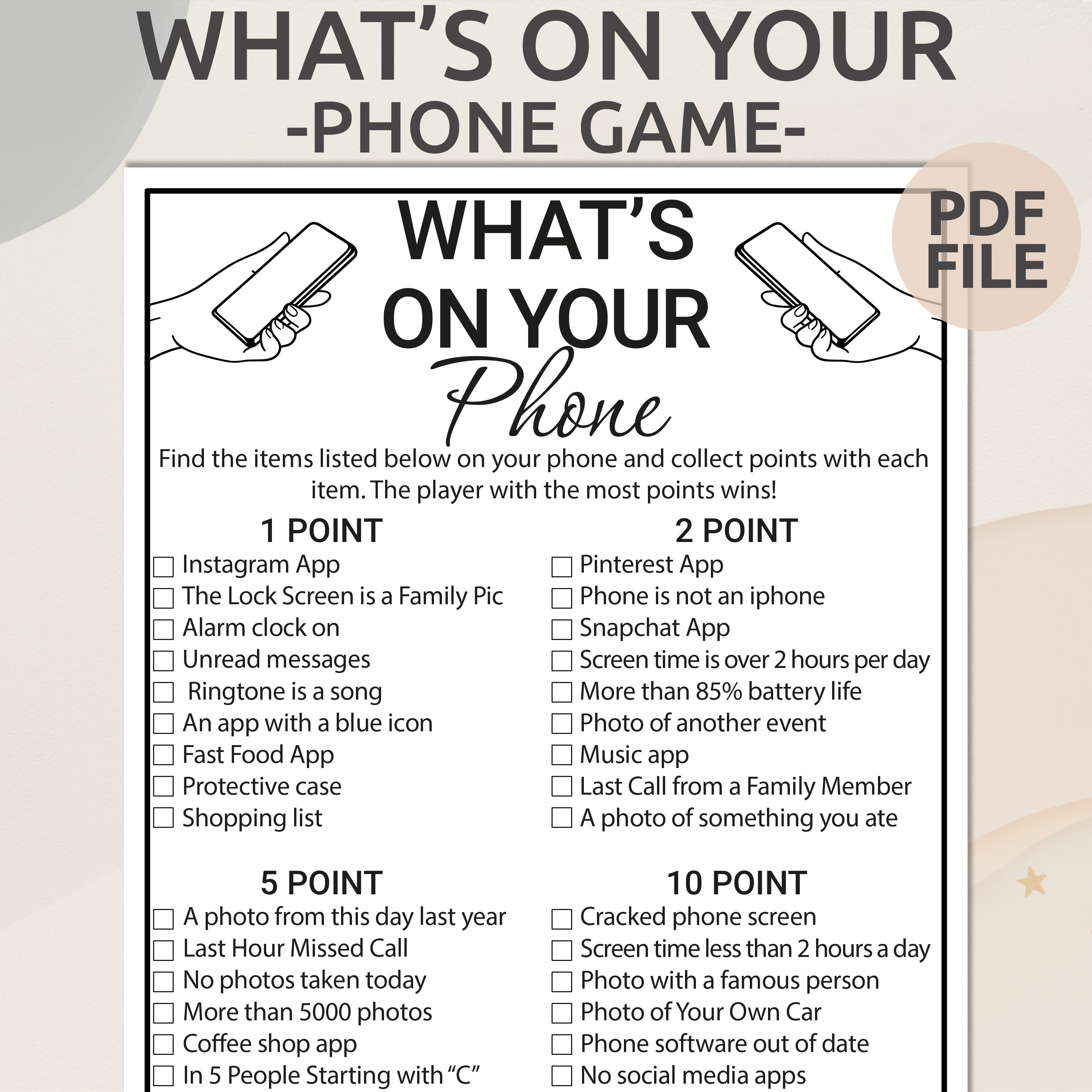 What’s on Your Phone Game | Printable What's in Your Phone Game | Cell ...