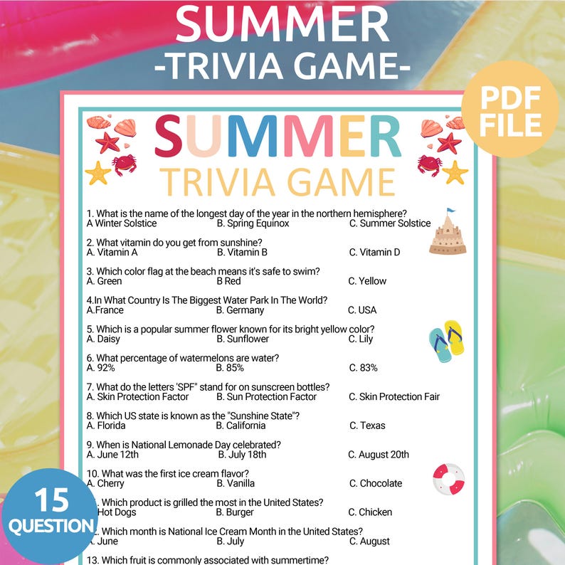 Summer Trivia Game | Summer Party Game | Printable Summer Game | Summer ...