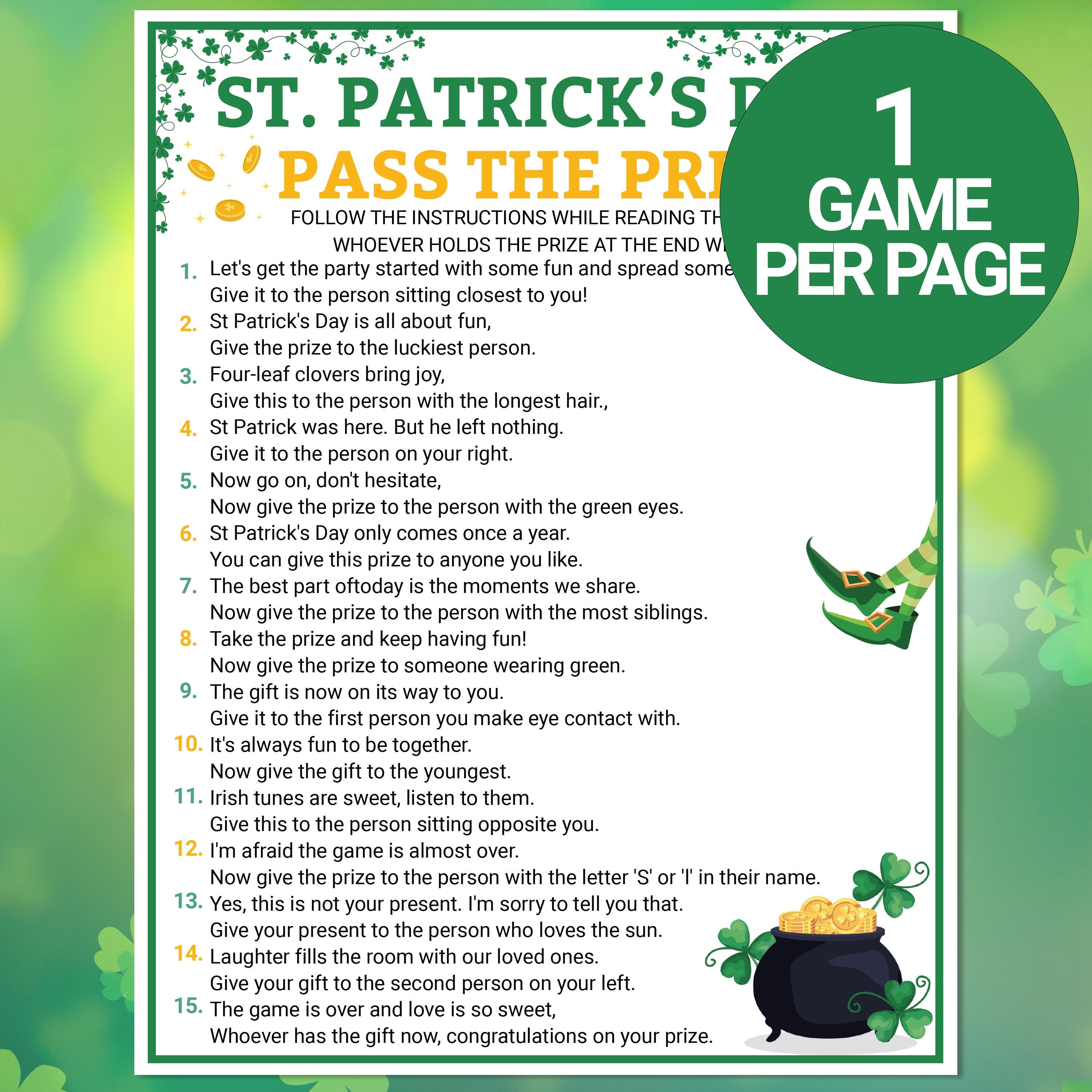 St. Patrick's Pass the Prize Game | St. Patrick Day Games | Printable ...