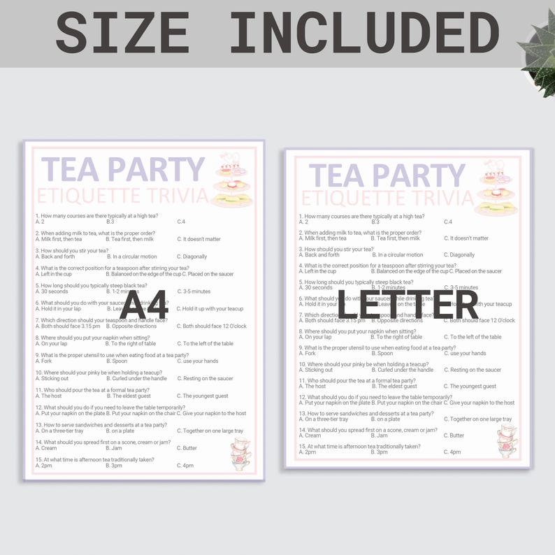 Tea Party Etiquette Trivia Game | Tea Party Etiquette Game | Tea Party ...
