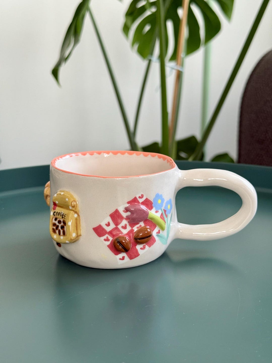 3D Sculpted Coffee Corner Mug | Pink Checkered & Floral Relief | Cute ...