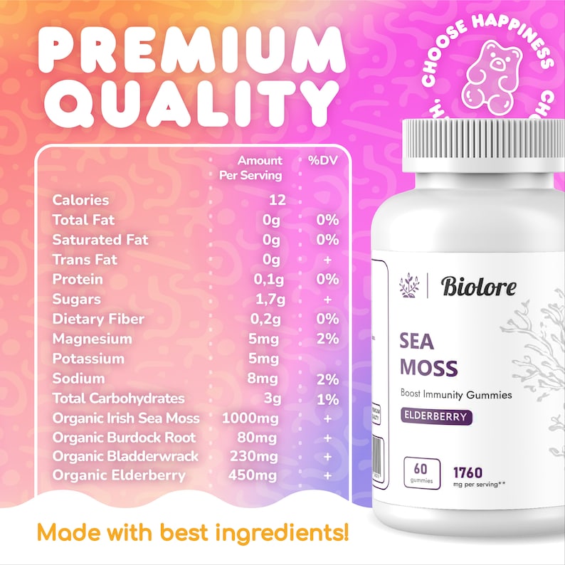 Biolore Sea Moss Gummies With Elderberry | Irish Sea Moss | 180 Pcs | Vitamin Supplement for ...