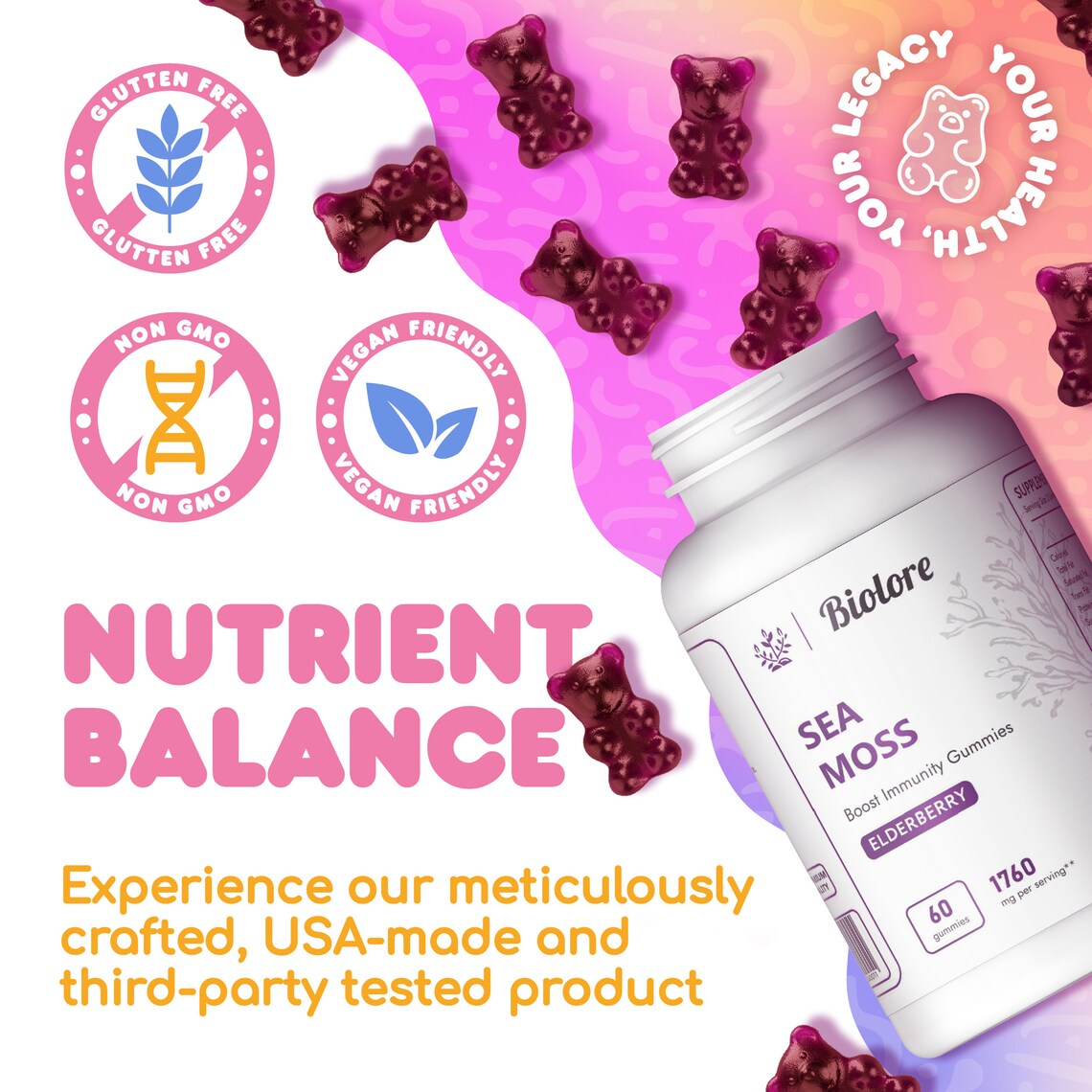 Biolore Sea Moss Gummies With Elderberry | Irish Sea Moss | 180 Pcs | Vitamin Supplement for ...