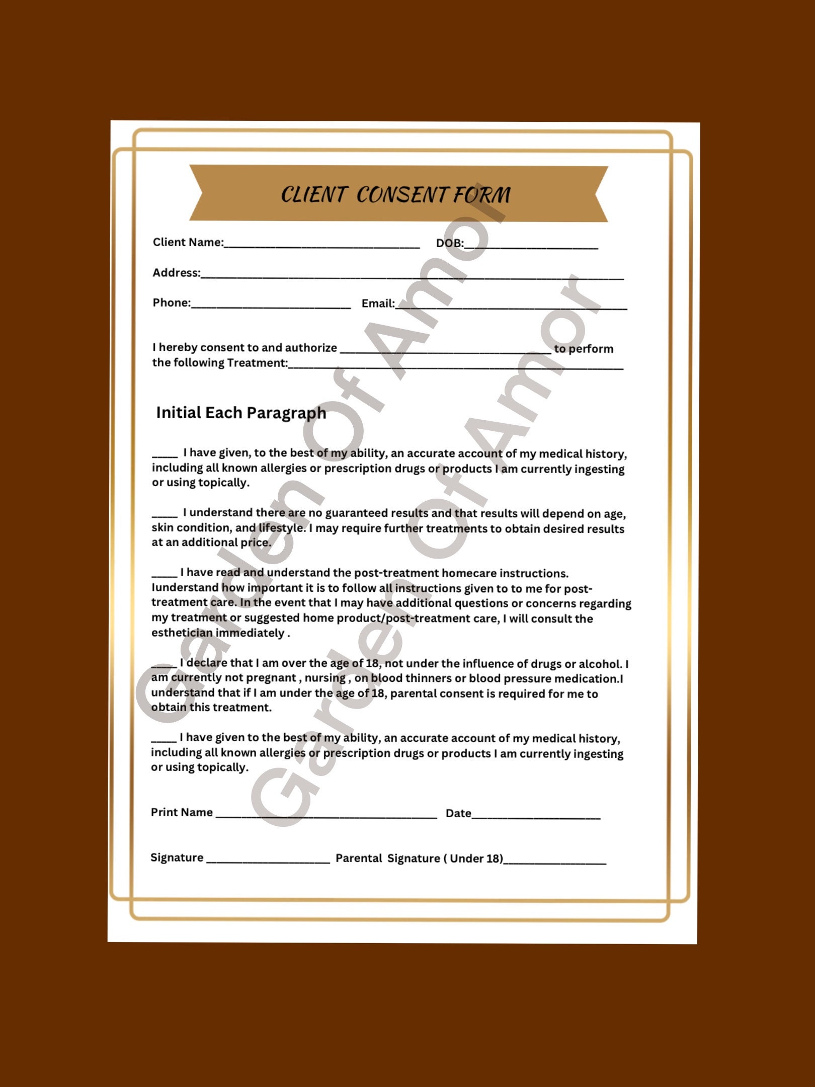 Editable Elegant Gold Frame Esthetic Consent Form - Etsy