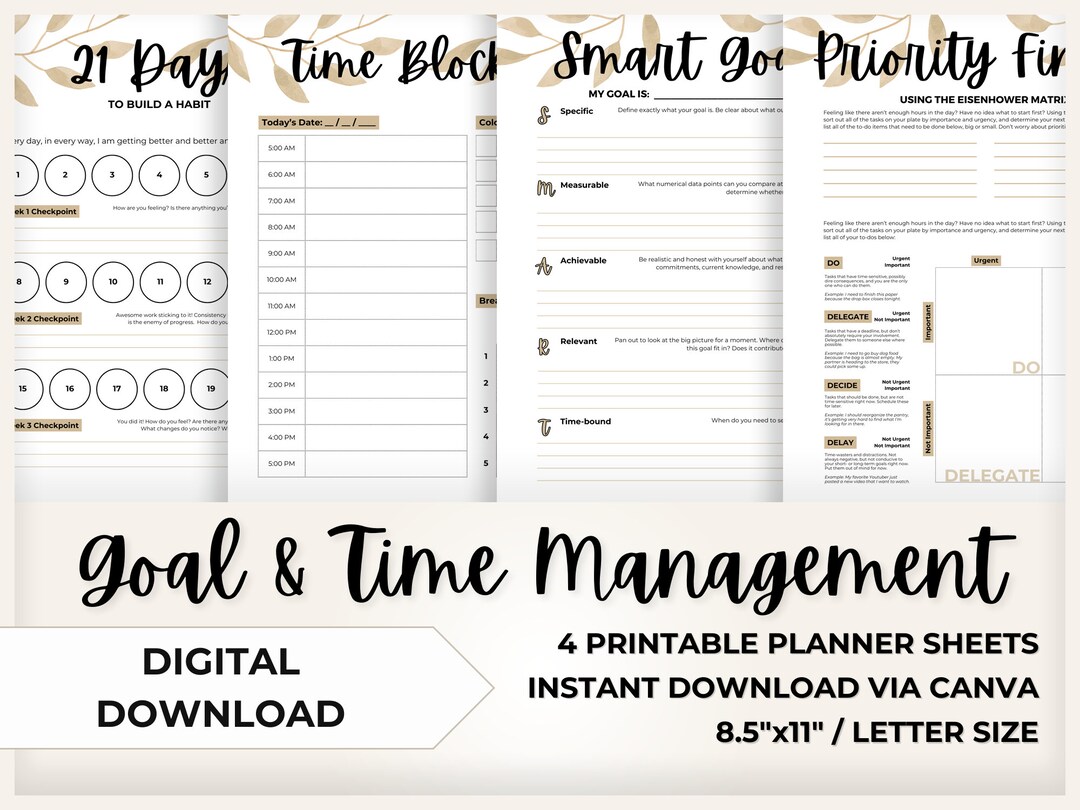 4 PLANNER PRINTABLES Goal & Time Management Worksheets Habit Tracker ...