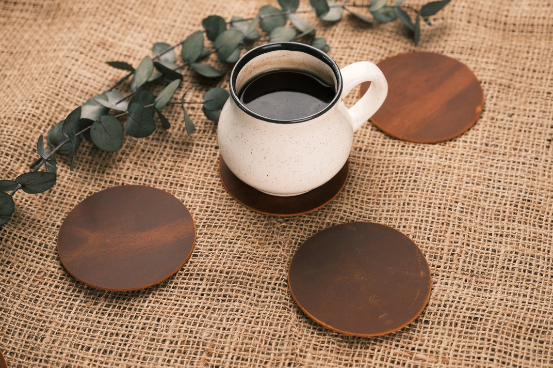 Handmade Leather Coasters Set, Round Leather Coaster, Leather Drink ...