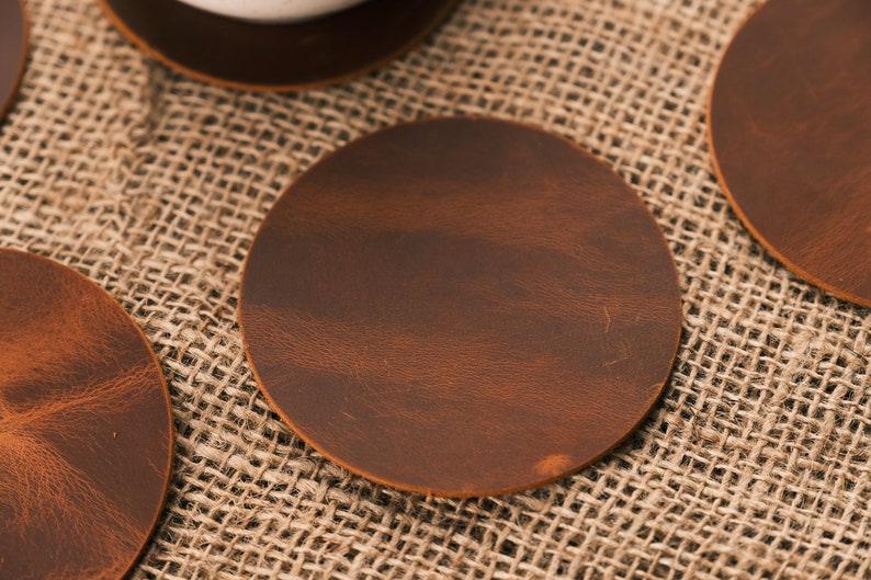 Handmade Leather Coasters Set, Round Leather Coaster, Leather Drink ...