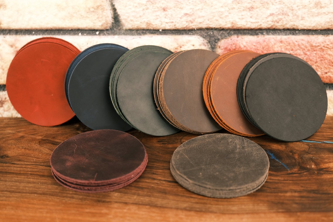 Handmade Leather Coasters Set, Round Leather Coaster, Leather Drink ...