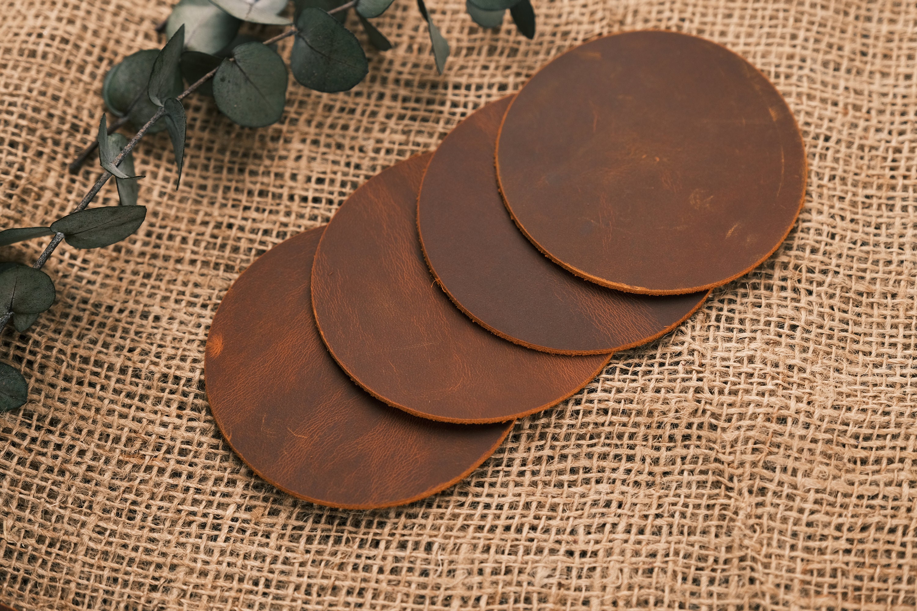 Handmade Leather Coasters Set, Round Leather Coaster, Leather Drink ...