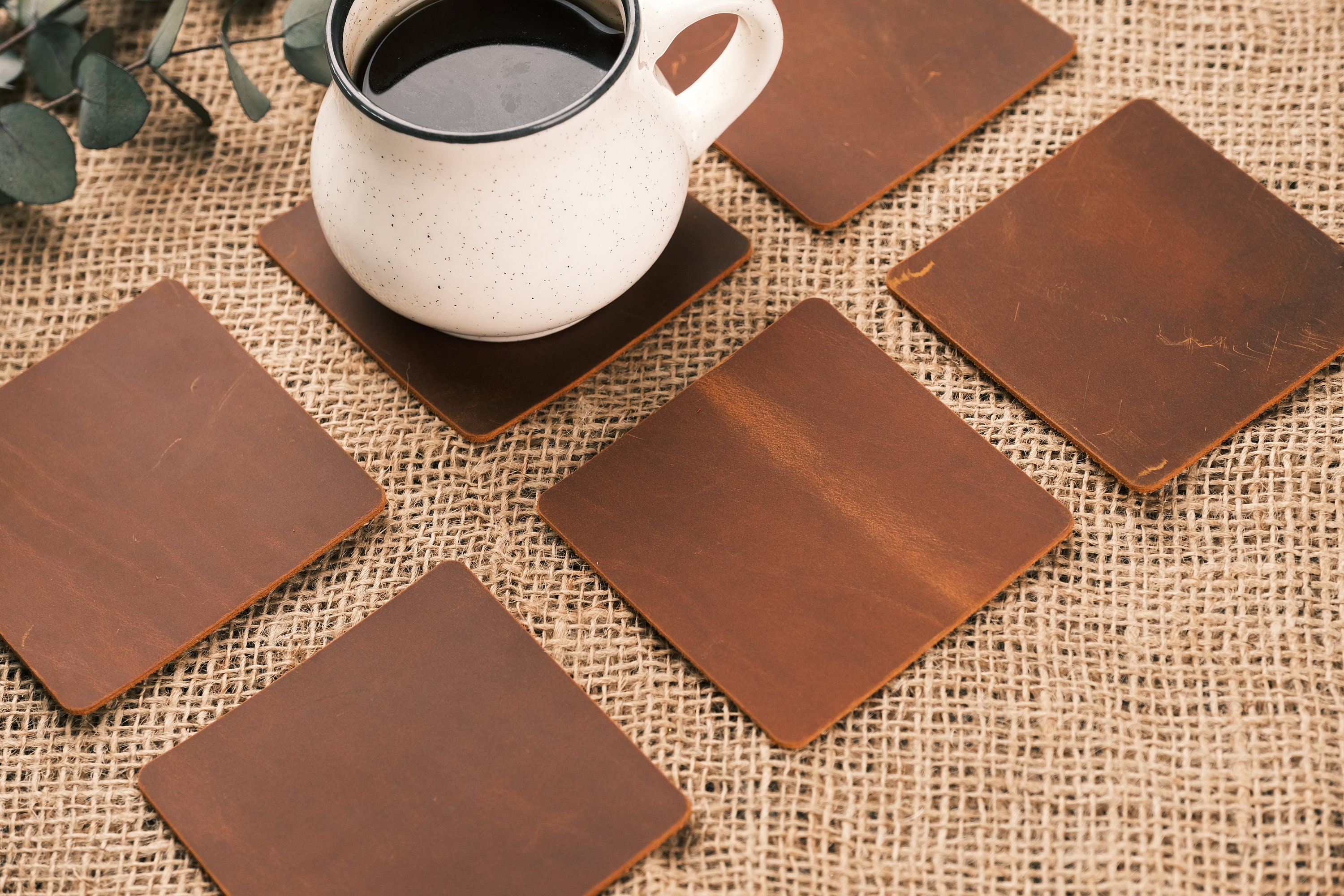 Handmade Leather Coasters Set, Square Leather Coaster, Leather Drink ...