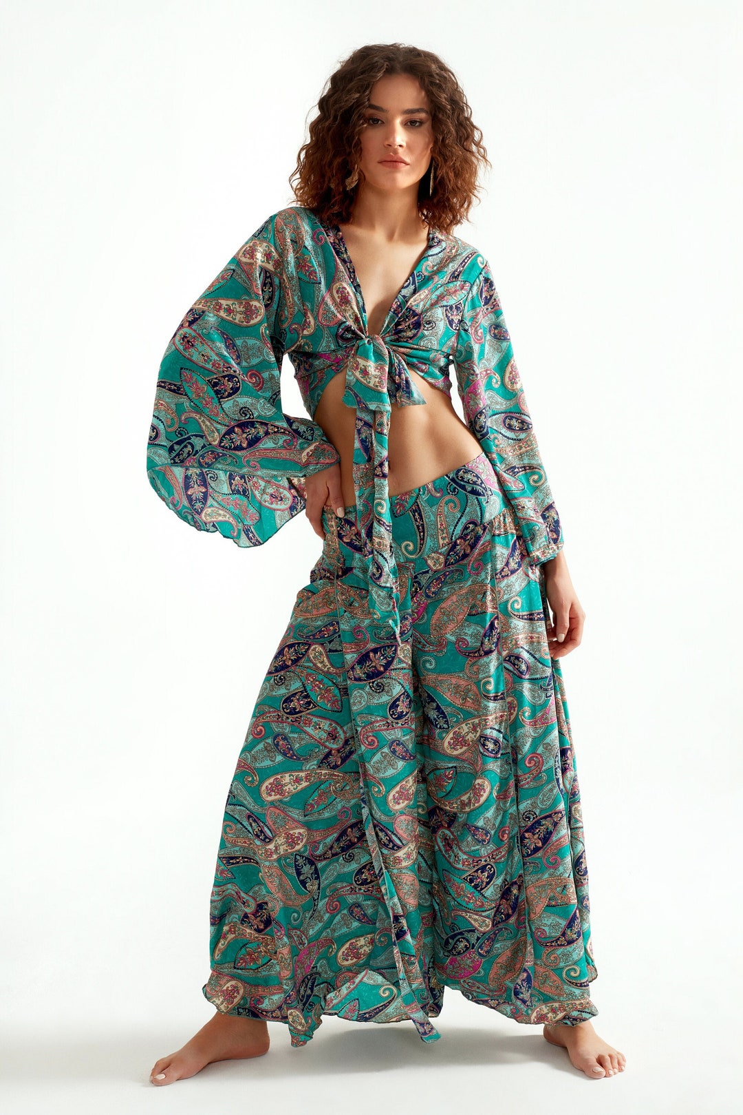 Silk Two-piece Sets, Boho Set, Summer Set, One Size, Vintage Set, Wide ...