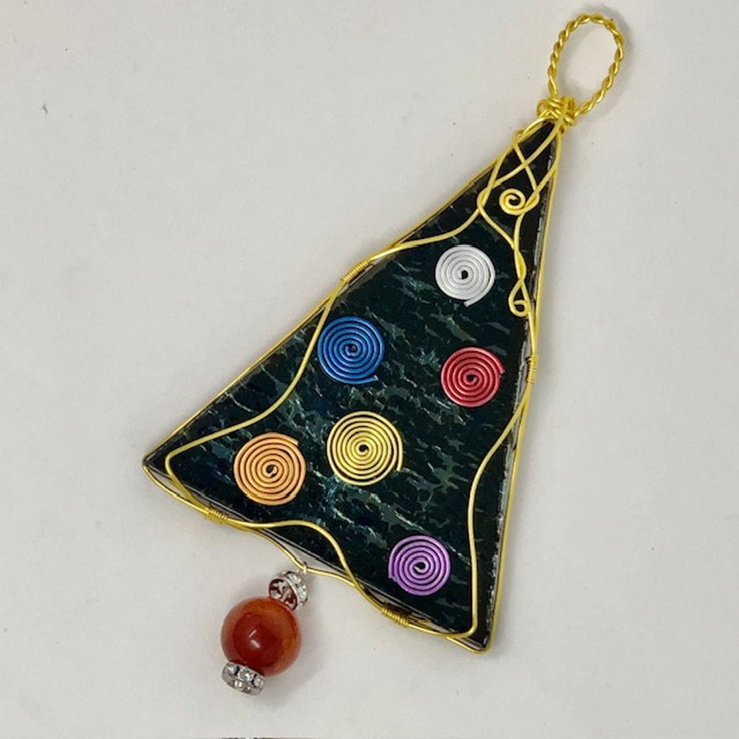 3x6.5" Fancy Wire Ball Fused Glass Semi Precious Stone Christmas Tree ...