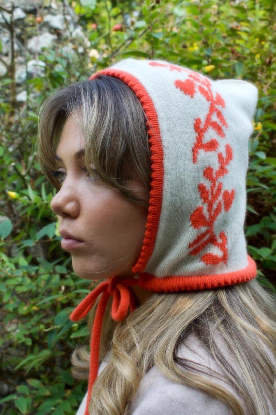Handmade Cashmere Knitted Bonnet - Laurel Leaf Pixie Hood in Orange and ...
