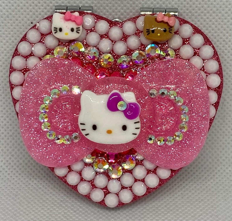 Hand Blinged Heart Compact Mirror: Kitty Head on Bow With White/suntan ...