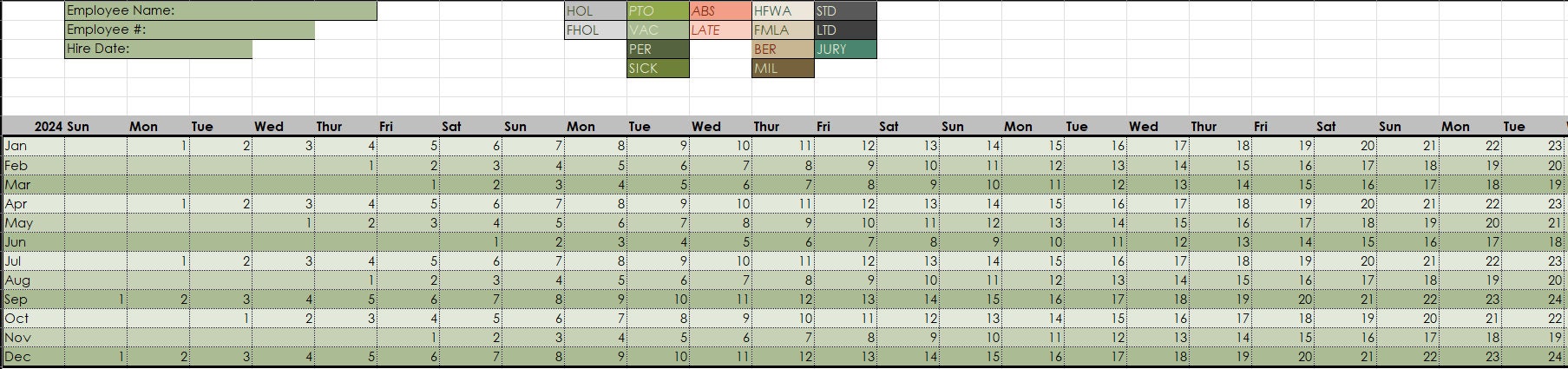 2024 Employee Attendance Record Spreadsheet - Etsy
