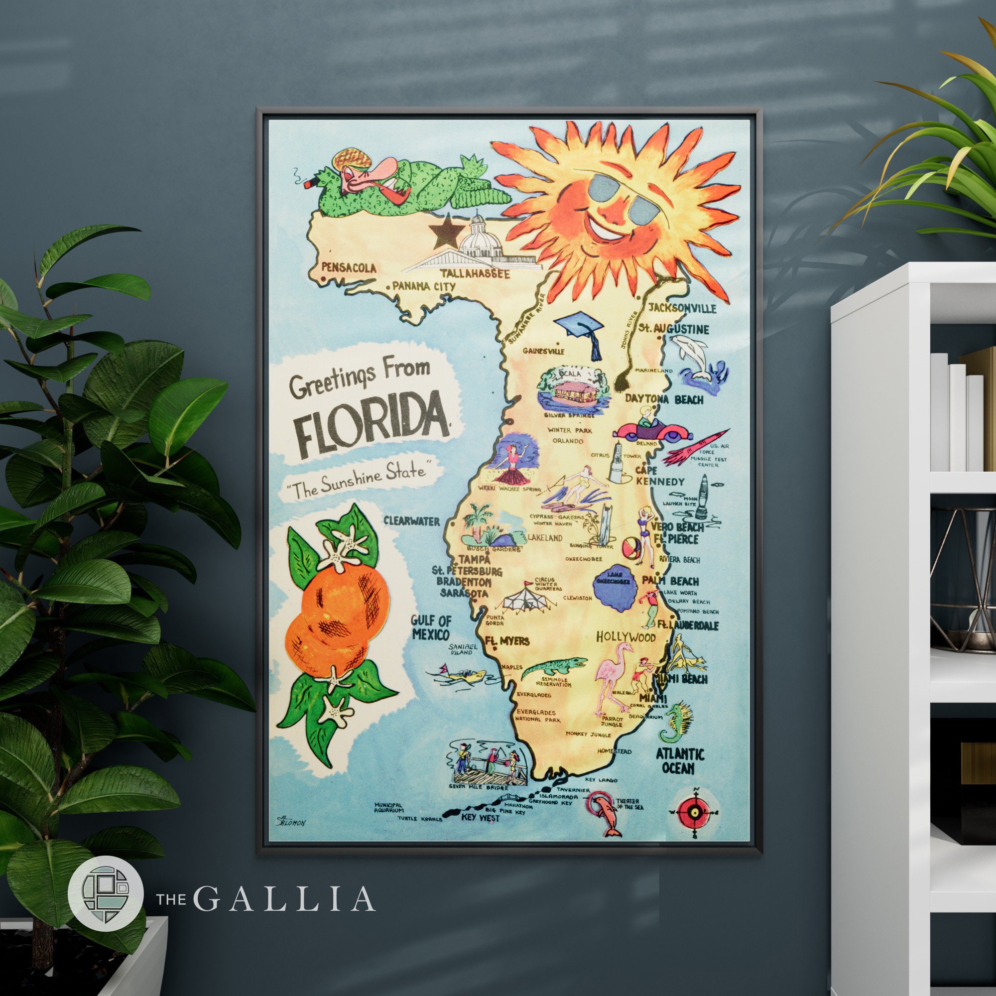 Vintage Florida Map Framed Canvas (A) Wall Art Office Space Commercial ...