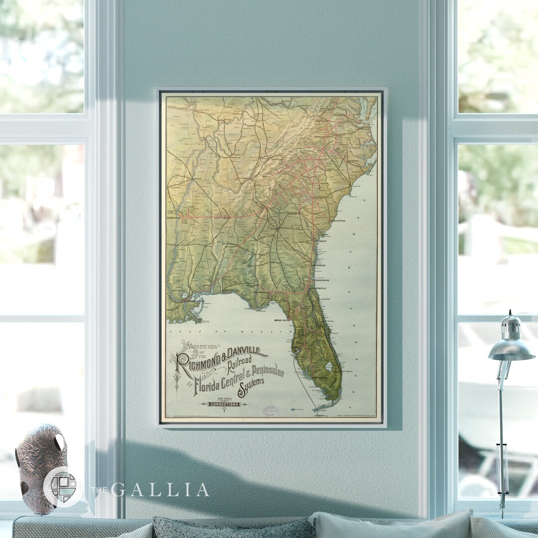 Vintage Florida Map Framed Canvas (D) Peninsular Railroad Wall Art ...