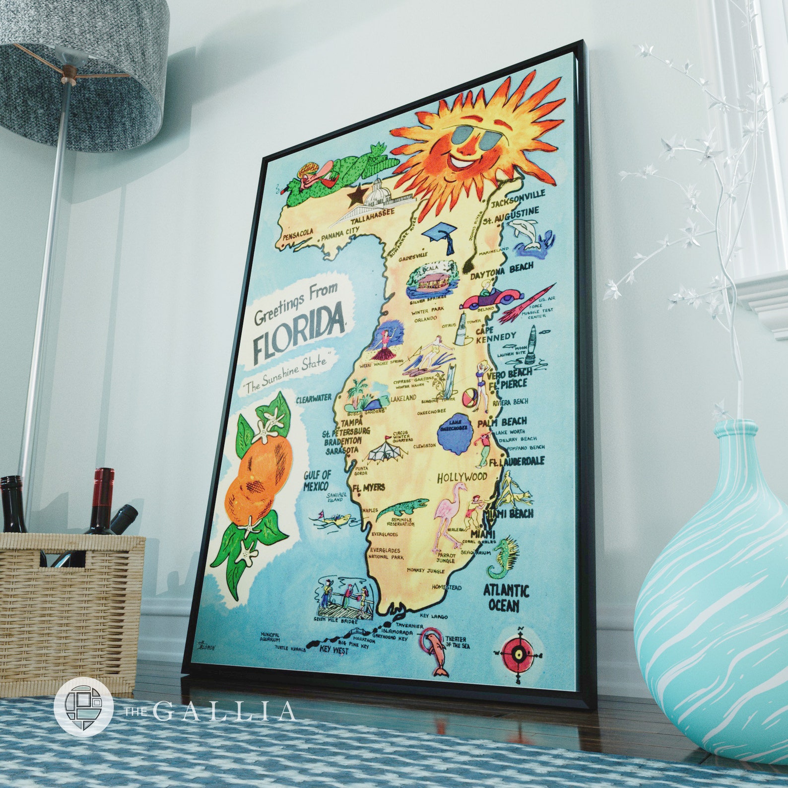 Vintage Florida Map Framed Canvas (A) Wall Art Office Space Commercial ...