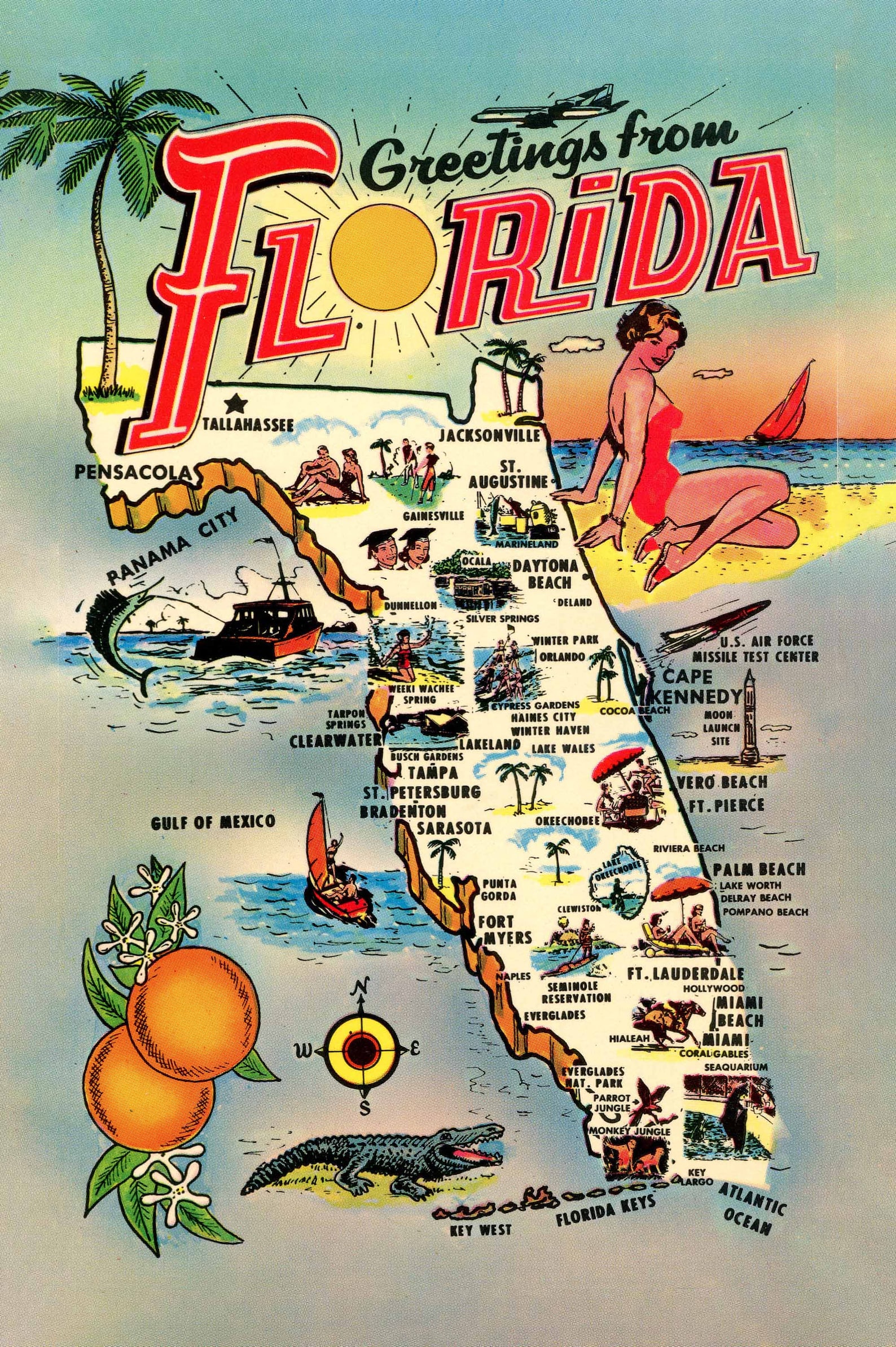 Vintage Florida Map Framed Canvas D Wall Art Office Space Commercial ...