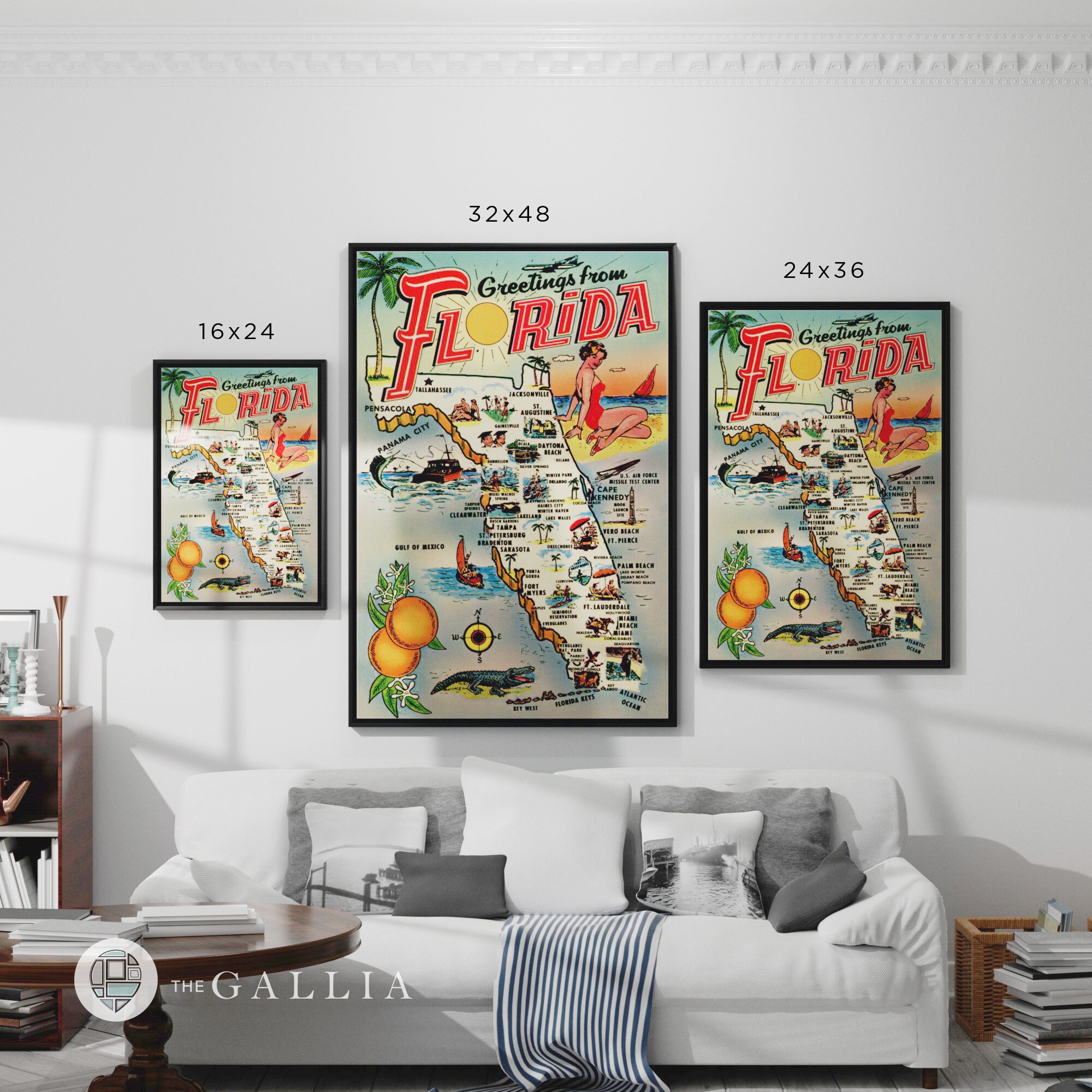 Vintage Florida Map Framed Canvas D Wall Art Office Space Commercial ...