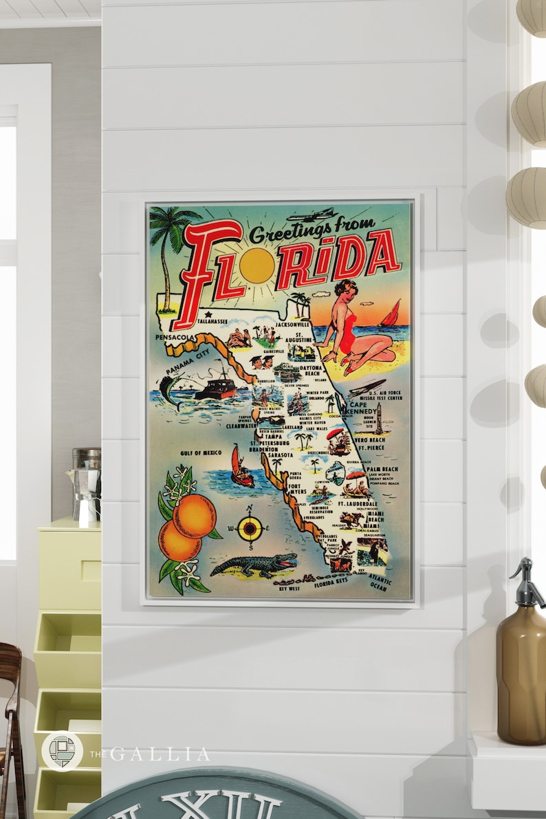 Vintage Florida Map Framed Canvas (D) Wall Art Office Space Commercial ...