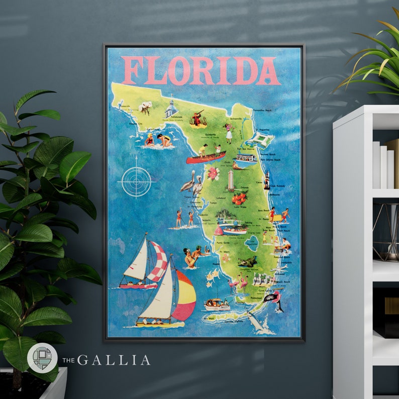 Vintage Florida Map Framed Canvas (C) Wall Art Office Space Commercial ...