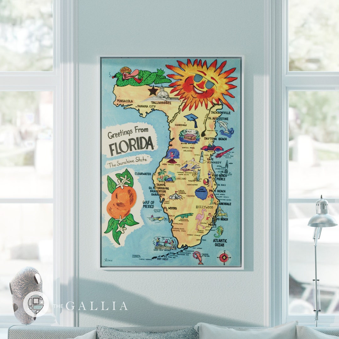 Vintage Florida Map Framed Canvas (A) Wall Art Office Space Commercial ...