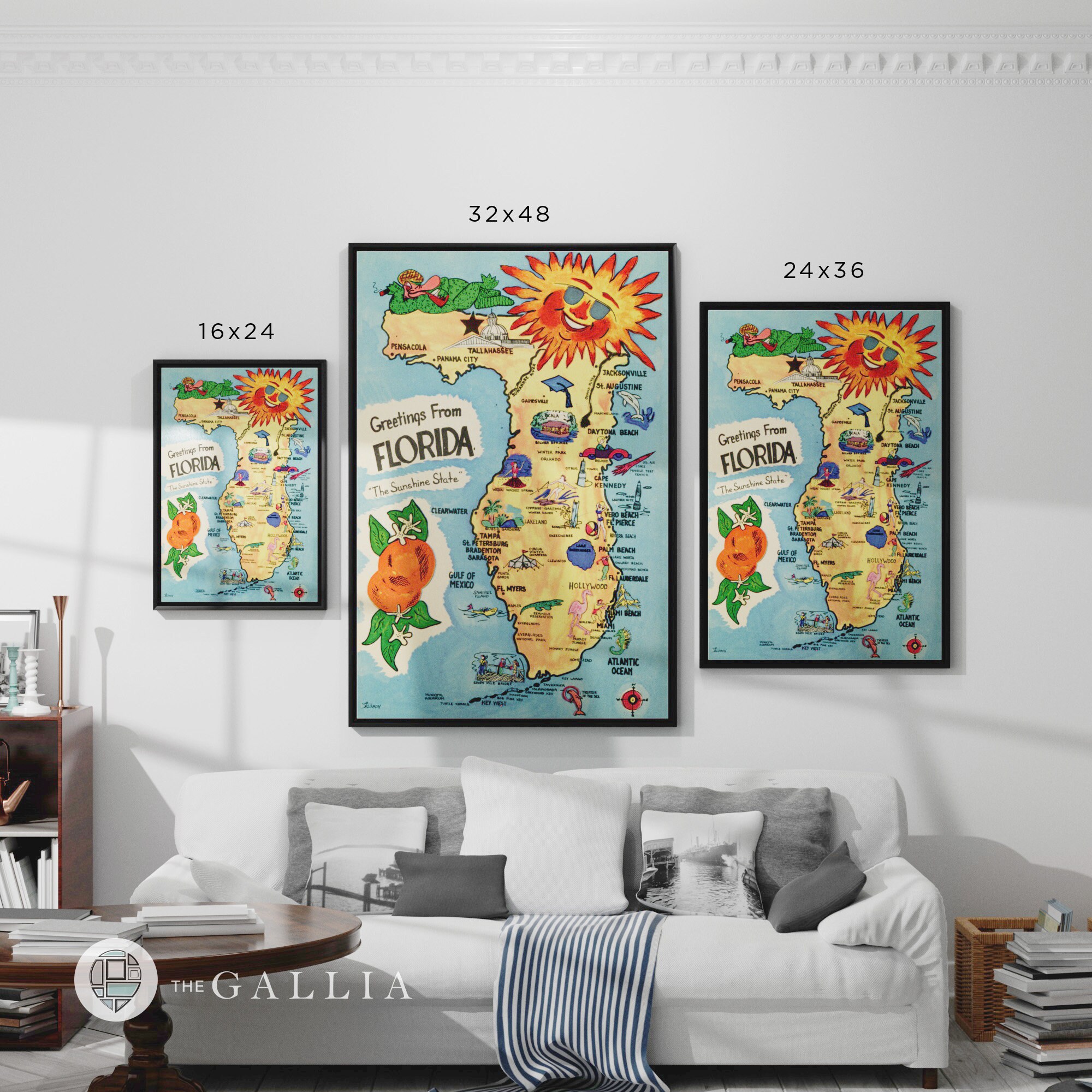 Vintage Florida Map Framed Canvas (A) Wall Art Office Space Commercial ...