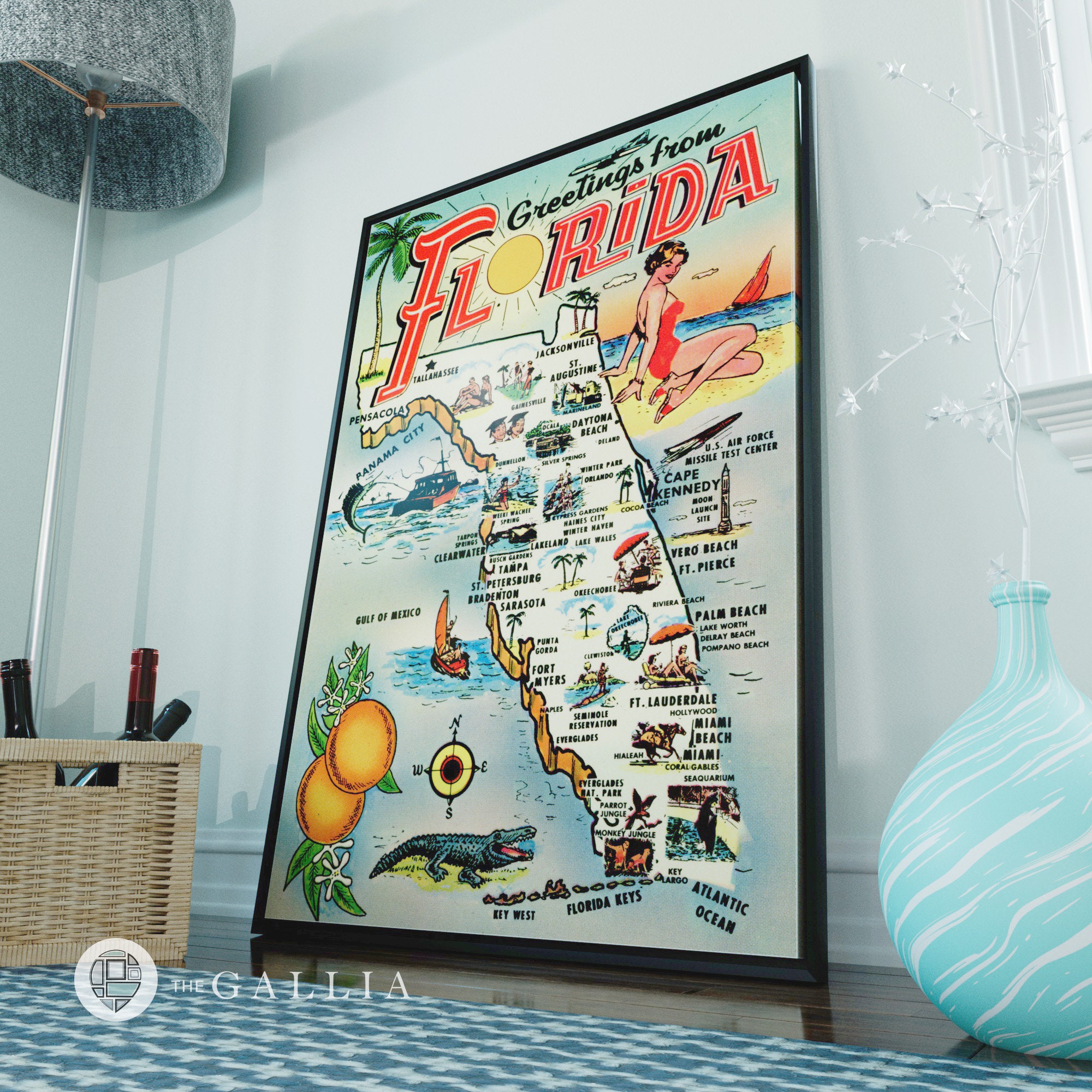 Vintage Florida Map Framed Canvas D Wall Art Office Space Commercial ...