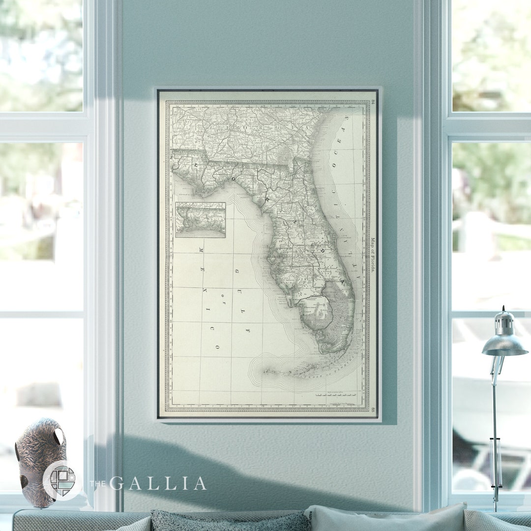Vintage Florida Map Framed Canvas (B) 1881 Atlas Map Wall Art Office ...