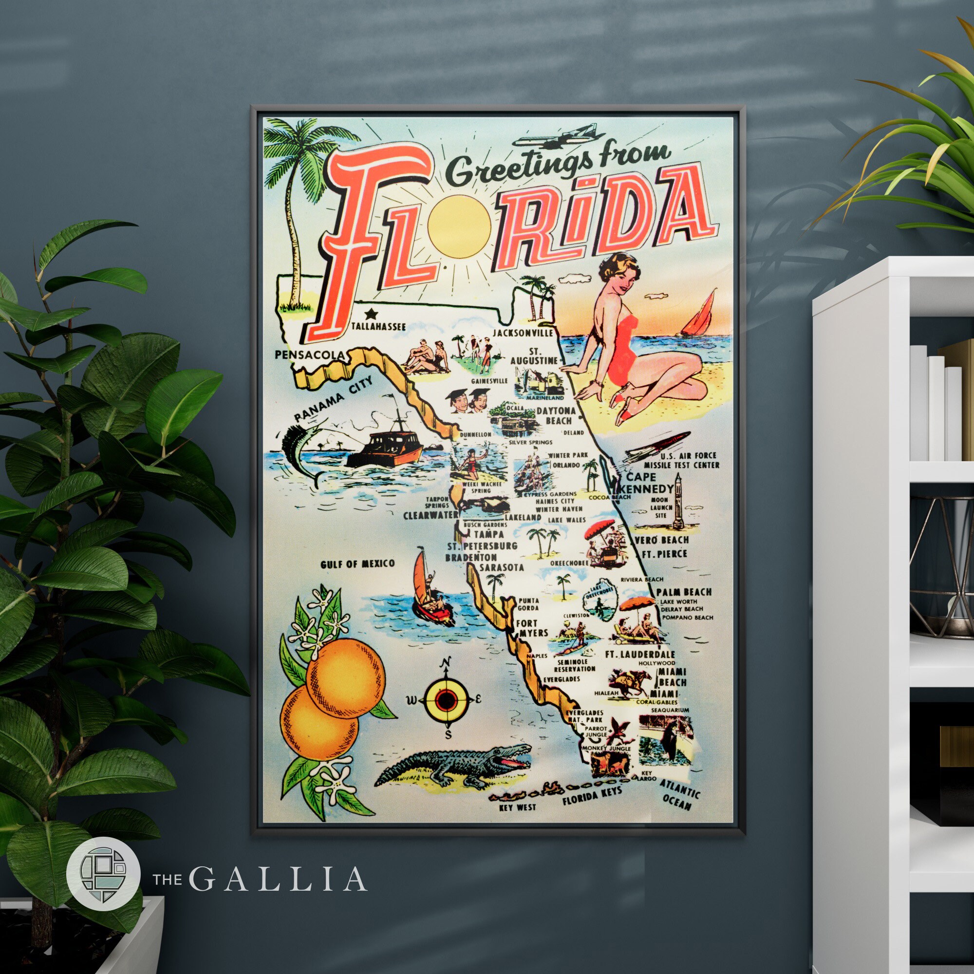 Vintage Florida Map Framed Canvas D Wall Art Office Space Commercial ...