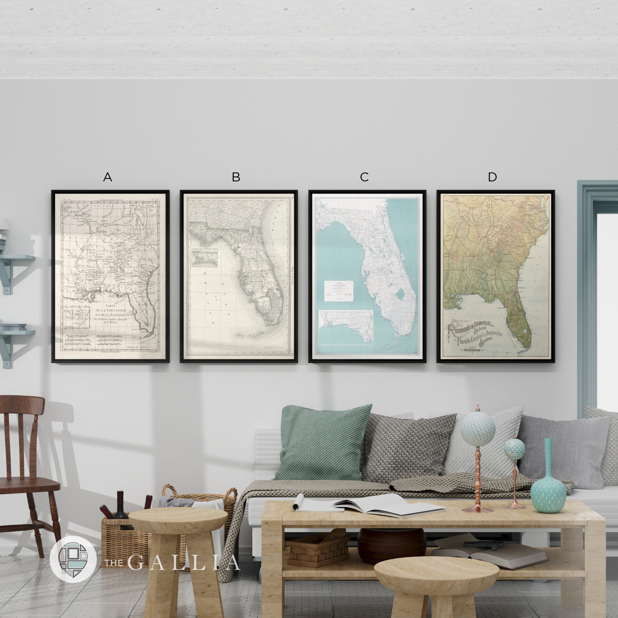 Vintage Florida Map Framed Canvas B 1881 Atlas Map Wall Art Office ...